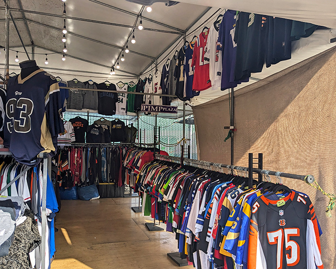 Jersey heaven! PIMP PLAZA's sports memorabilia hangs like a hall of fame, where fans can dress like champions without the million-dollar contract.