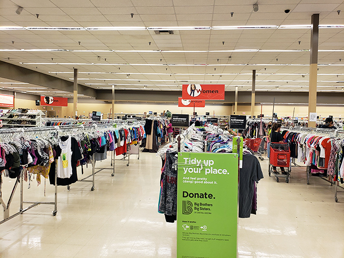 The bright interior showcases organized clothing racks that make finding your perfect size and style surprisingly easy.