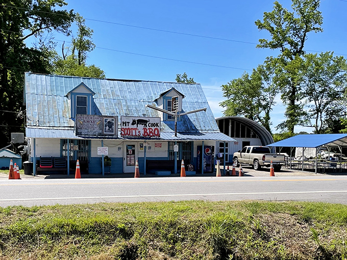 The sun-bleached metal roof of Scott's has sheltered generations of barbecue pilgrims seeking smoky perfection.