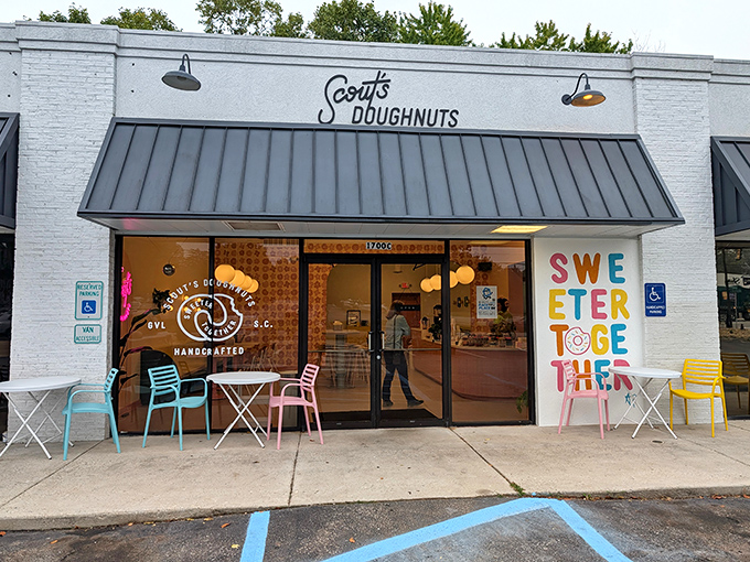"Sweeter Together" indeed! Scout's colorful outdoor seating invites you to linger over coffee and handcrafted donut masterpieces.