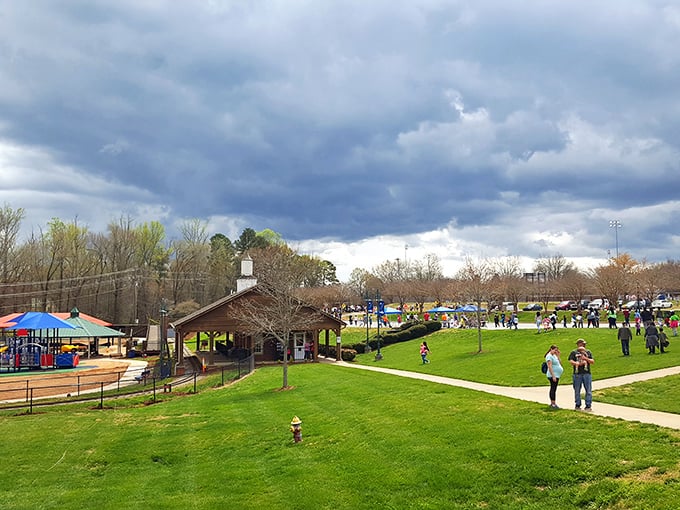 Clouds gather above Shelby’s lively park, where families and friends enjoy a day of outdoor play and community spirit.