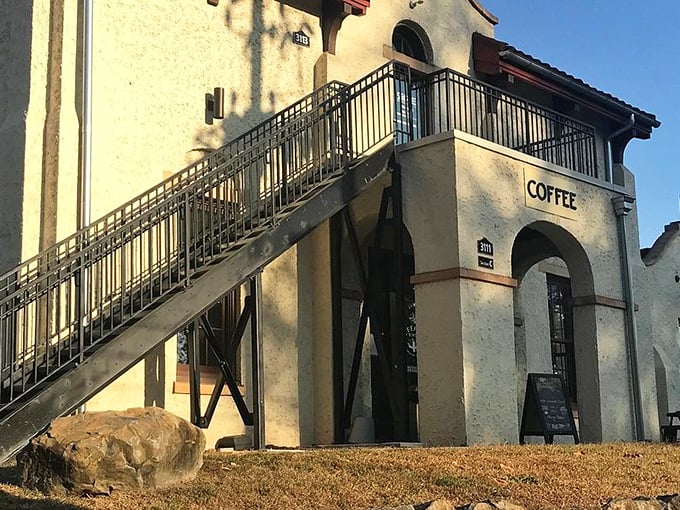 Those stairs lead to coffee heaven - with a side of doughnuts that would make angels jealous.