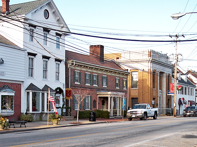 A brick street in small-town America, lined with charming homes that have stood the test of time.
