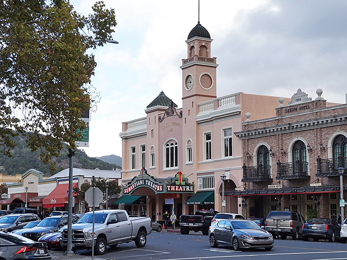 Theater marquees and vintage charm create the perfect backdrop for leisurely wine country strolls.