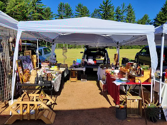 Wooden treasures wait patiently under canvas, each piece ready for its next chapter.