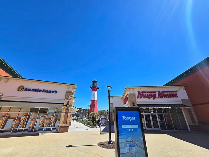 The lighthouse adds coastal charm while over ninety stores deliver the savings you're hunting for.