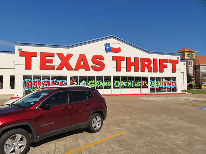 Standing tall under cloud-dotted Texas skies, this thrift emporium invites you to discover why "everything's bigger" applies to bargain selections too.