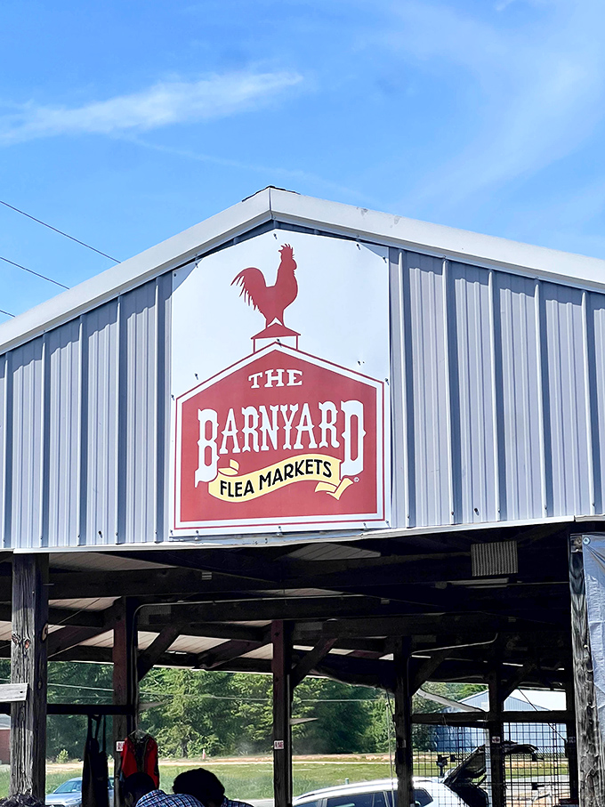 The Barnyard's iconic rooster sign promises country treasures and authentic flea market fun for everyone.