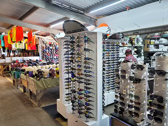 Rows of sunglasses catch the light like a rainbow of style choices at unbeatable prices.