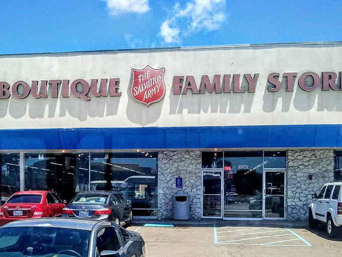 Bright blue trim frames this Salvation Army location, where donated treasures find new homes and support community programs.