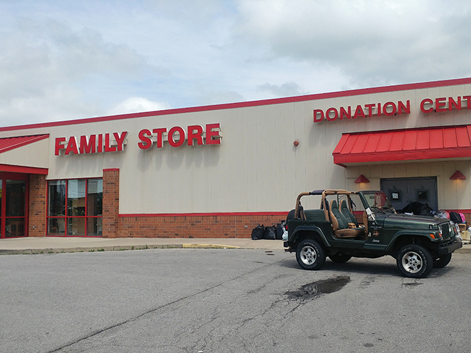 Classic thrift store architecture houses endless possibilities, where one person's donation becomes another's treasure discovery.