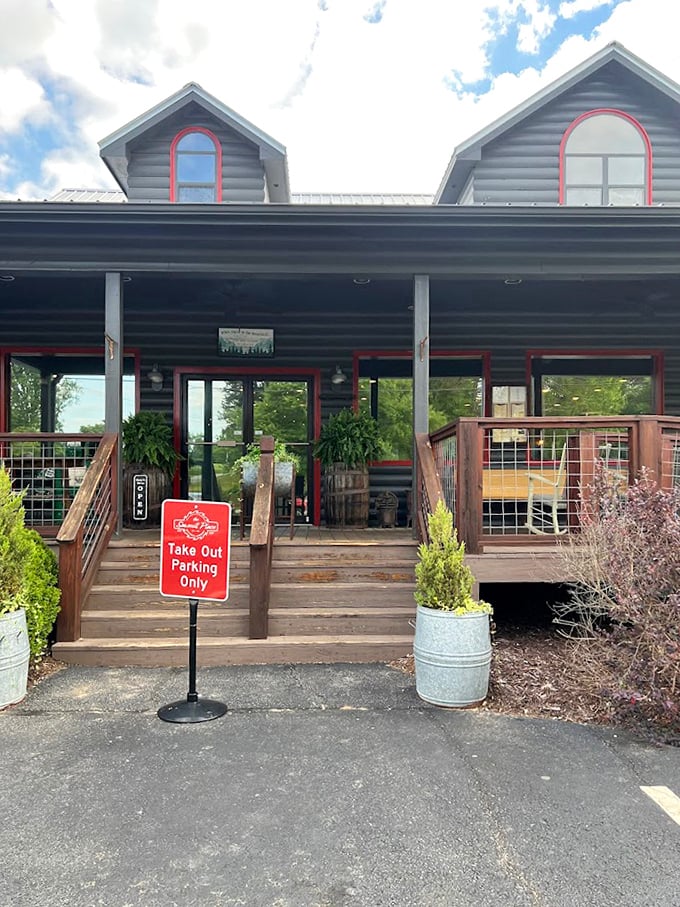 Red trim and wooden charm create the perfect backdrop for hearty mountain comfort food.