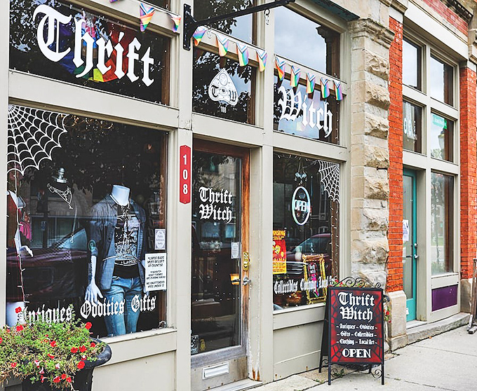 Those spiderweb decorations hint at the magical oddities and unique discoveries waiting inside this shop.
