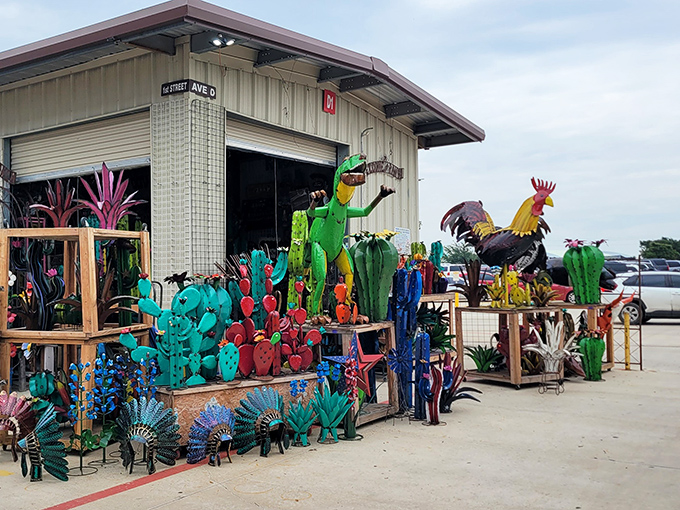 Metal art sculptures bring whimsy and color to prove that flea markets are about more than necessities.