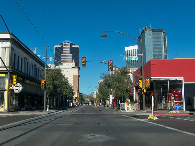 Tucson City: Downtown stretches wide, blending steel, glass, and stoplights&mdash;modern bustle wrapped in a distinctly Southwestern pace.