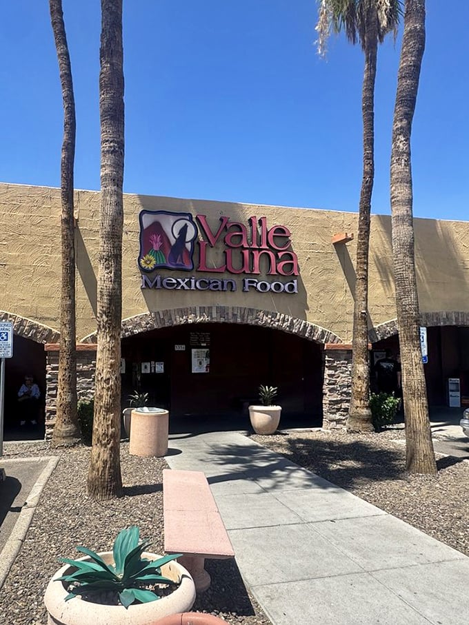 Behind those tan walls and tall palms, Valle Luna crafts chimichangas worth crossing the desert for. The parking lot's full for good reason!