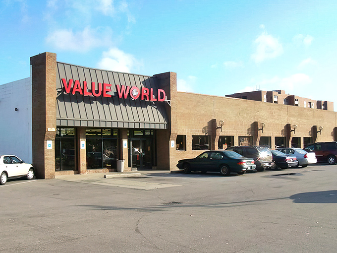 That distinctive red framework architecture makes this Warren location impossible to miss from the street.