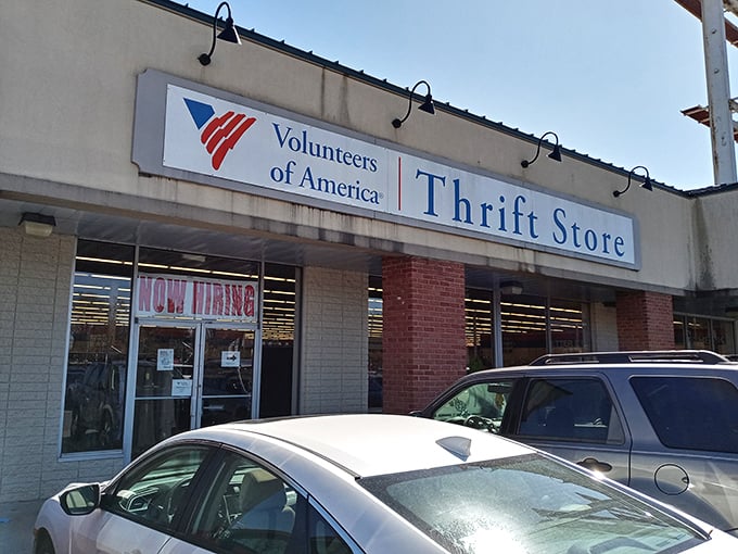That "Now Hiring" sign speaks volumes - when a thrift store needs more hands, you know the deals inside are worth the crowd.