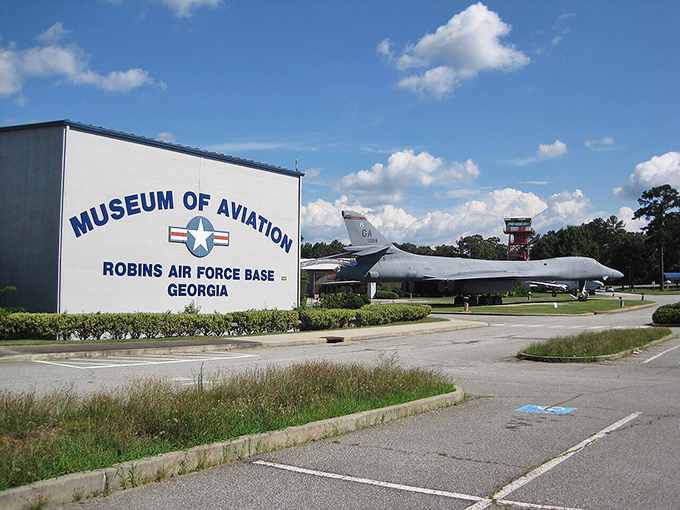 Aviation history parked right outside! Warner Robins' museum welcomes flight enthusiasts with a B-1 bomber that's more impressive than any roadside attraction.