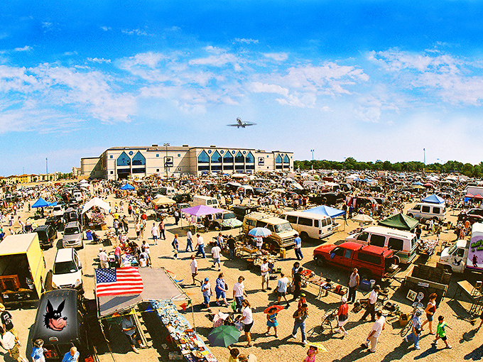A plane soars over Wolff's outdoor market, where a sea of tents and tables creates a city of treasures.