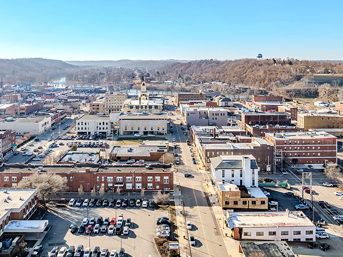 This bird's eye view reveals Zanesville's perfect blend of river town charm and modern convenience for comfortable living.