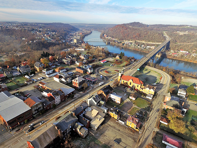 From above, Brownsville reveals its strategic position along the Monongahela River, the waterway that first brought prosperity to this historic settlement.
