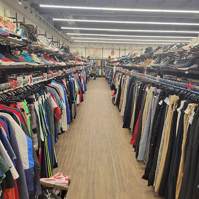 The promised land of pre-loved fashion stretches before you like a runway of possibilities, with shoes hovering above like fashion guardian angels.