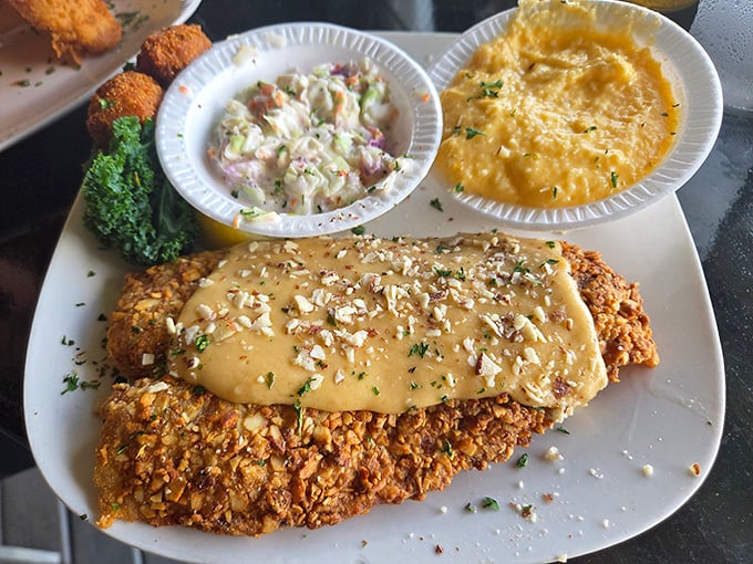 This almond-crusted fish with creamy sides isn't just dinner—it's edible artwork. The kind of plate that makes neighboring diners point and say, "I'll have what they're having."