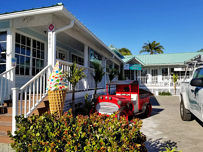 That vintage red truck and ice cream cone sculpture aren't just decorations &ndash; they're Instagram bait with a side of childhood nostalgia.