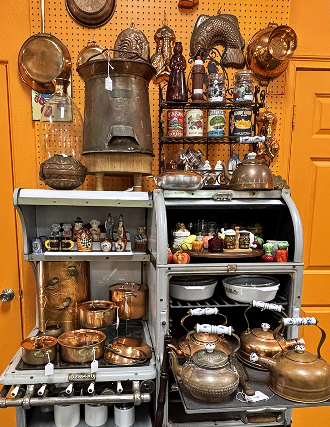 Copper cookware that's survived longer than most marriages, with patina that tells stories of Sunday dinners and holiday feasts.