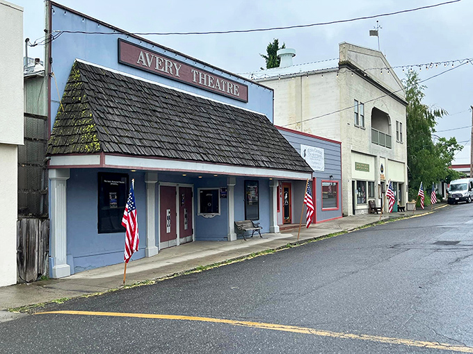 The Avery Theatre has been Etna's entertainment hub since 1939, still sporting that classic blue facade that screams "they don't make 'em like this anymore."