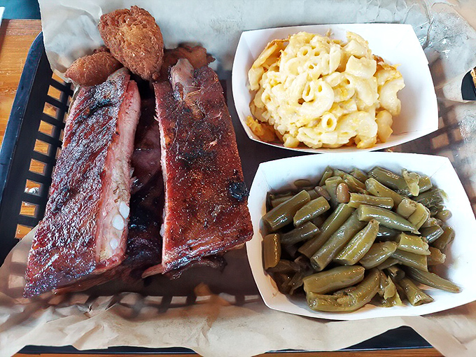 Ribs with that perfect smoke ring, mac and cheese that's actually cheesy, and green beans that haven't been cooked into submission&mdash;the barbecue trifecta.