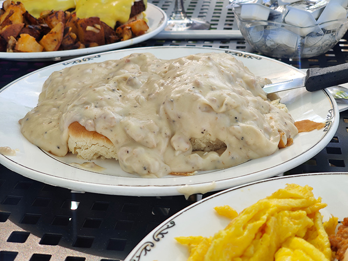 Biscuits and gravy so rich they should come with their own tax bracket. Southern comfort in every creamy bite.
