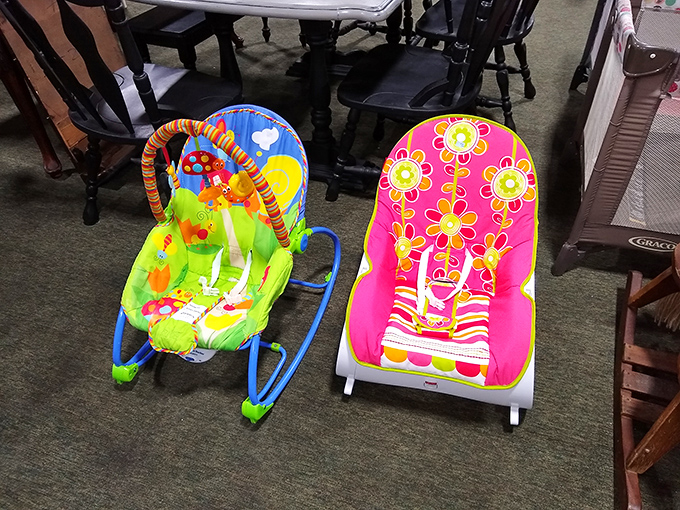 Baby gear paradise where these colorful rockers wait patiently for their next tiny occupants. Grandparenting just got more affordable!