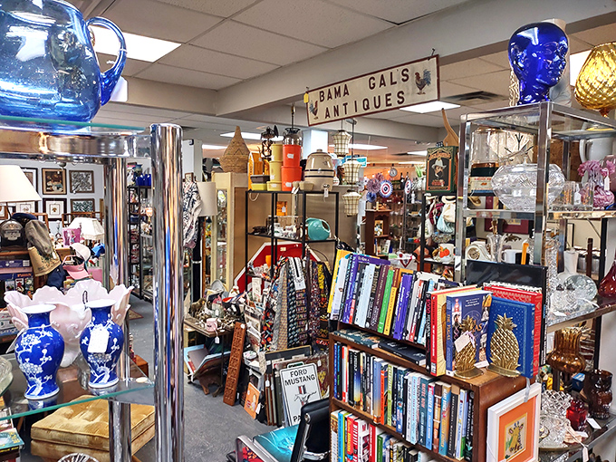 Bama Gal's booth is like your eccentric aunt's attic, if your aunt collected everything from cobalt glass to vintage books with impeccable taste.