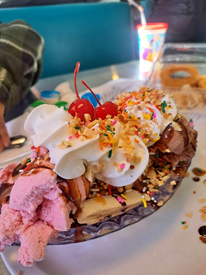 Dessert that looks like it's celebrating your birthday even when it isn't. Those cherries are basically wearing tiny party hats.