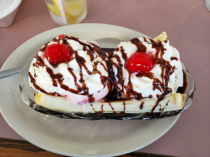 This banana split isn't just dessert&mdash;it's architecture, sculpture, and pure joy served in a boat that's setting sail for your happiest childhood memories.