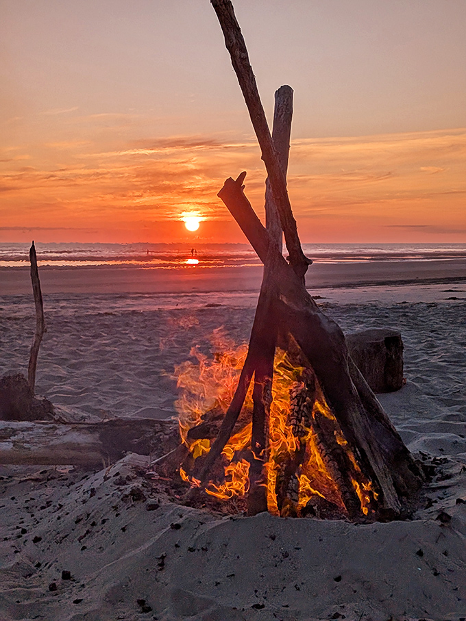 Primal entertainment at its finest &ndash; driftwood flames dance against an Oregon sunset, nature's television since time immemorial.