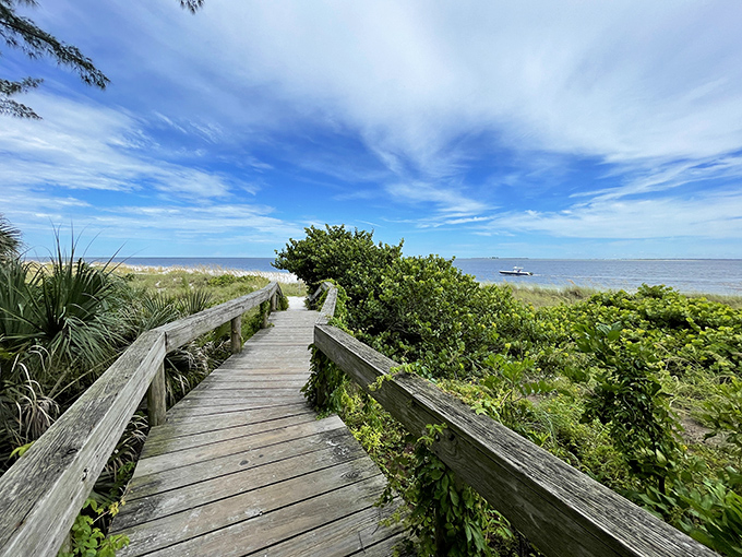 A wooden boardwalk parts the sea grapes, leading to Bean Point's pristine shores &ndash; Florida's version of the yellow brick road.
