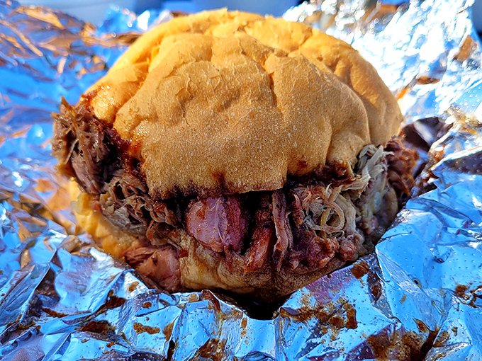 The brisket sandwich doesn't need fancy garnishes to make its point. That smoke ring is all the credentials it needs to earn your respect.