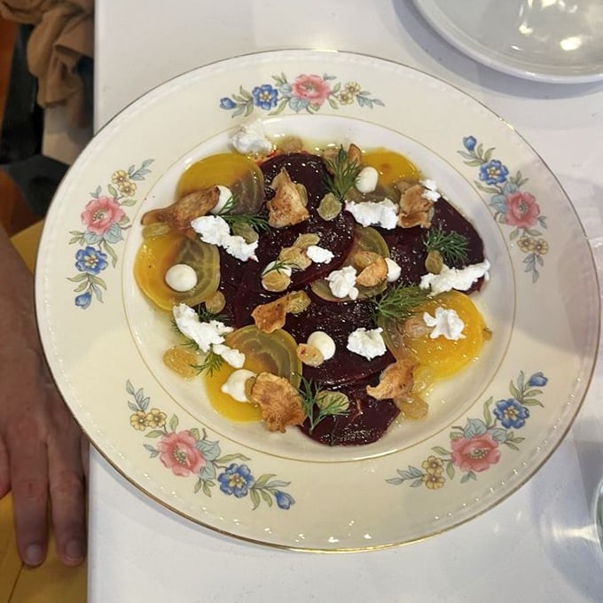 Beet carpaccio so beautiful it belongs in an art gallery, but tastes even better than it looks.