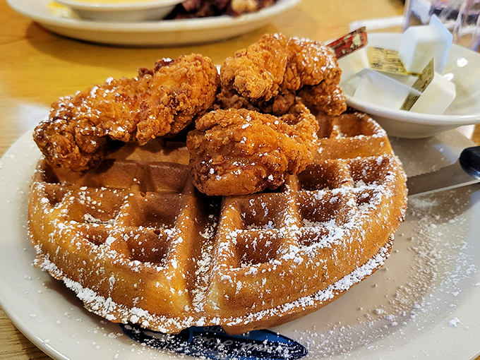 Chicken and waffles: where breakfast and lunch stopped arguing and decided to create culinary harmony that would make Mozart weep.