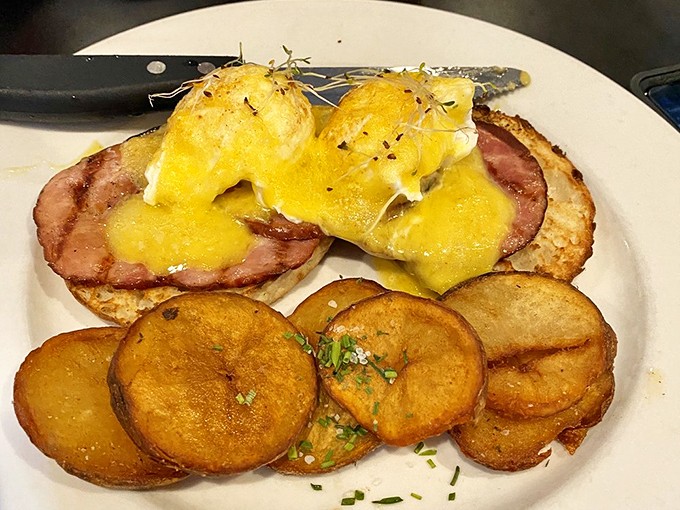 Eggs Benedict that would make the Pope jealous&mdash;perfectly poached eggs performing a high-wire balancing act atop Canadian bacon with hollandaise for days.