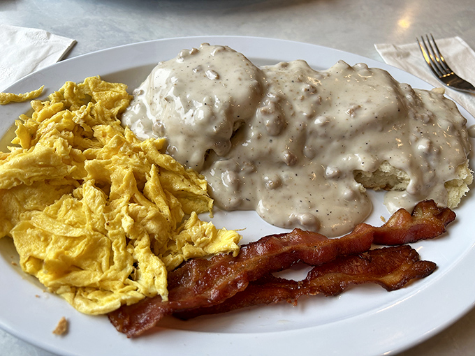 Biscuits and gravy: the breakfast that hugs you from the inside. This plate could solve international conflicts if given the chance.