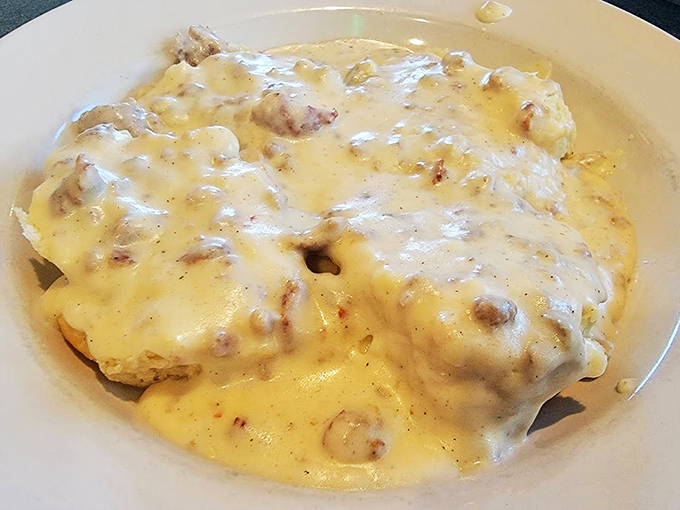 Beneath that river of creamy gravy lies a biscuit that gave its life for a noble cause. Comfort food that hugs you from the inside.