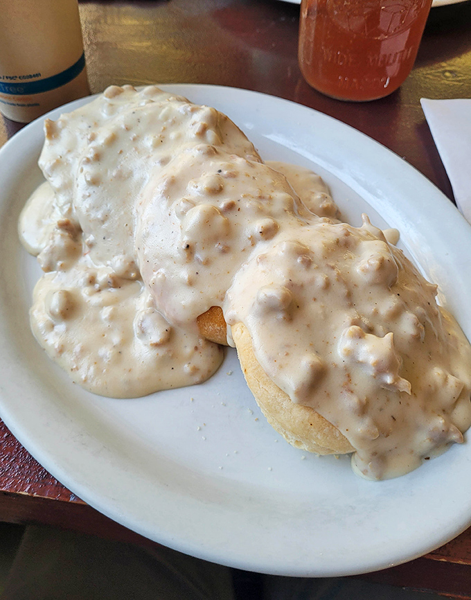 Biscuits and gravy so comforting they should come with a warning: "May induce spontaneous sighs of contentment and nostalgic childhood memories."