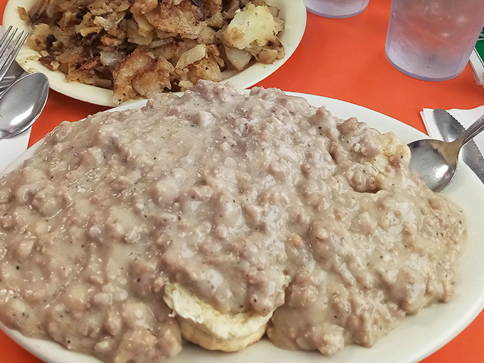 Biscuits and gravy that would make your grandmother both proud and jealous, with home fries that achieve the perfect crisp-tender balance.