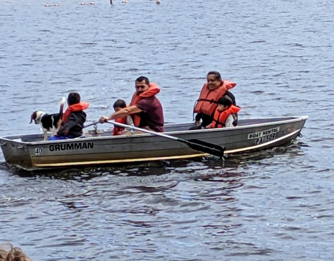 The family that rows together, grows together. Even the dog seems to be enjoying this quintessential Pennsylvania lake experience.