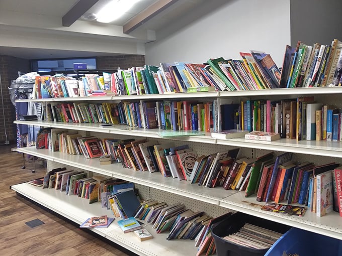 Literary treasures stacked spine-to-spine, waiting for new homes. Someone's discarded self-help book might change your life for a dollar.