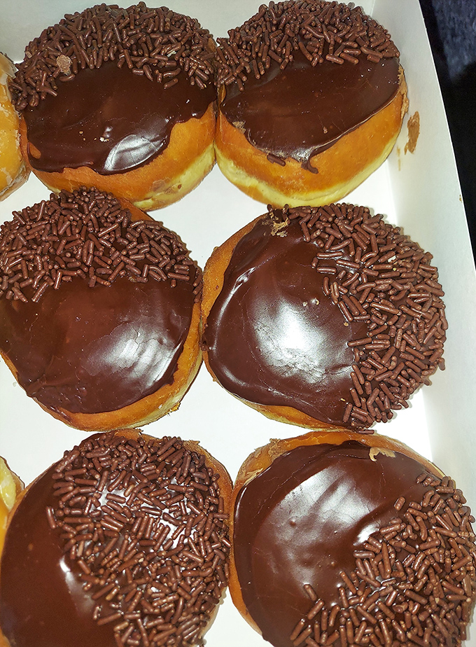 Boston cream donuts with chocolate frosting and sprinkles—proof that sometimes more really is more in the donut universe.